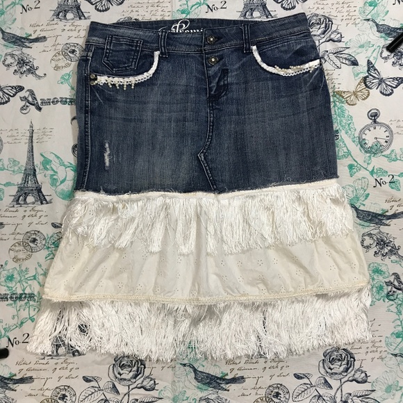 Altered | Skirts | Vintage Upcycled Fringe Denim Boho Chic Skirt Sz 9 ...